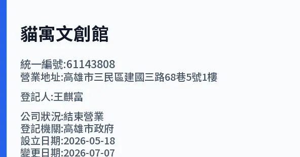 貓寓文創館的照片-統編 61143808 公司登記資料與營業項目詳細圖表