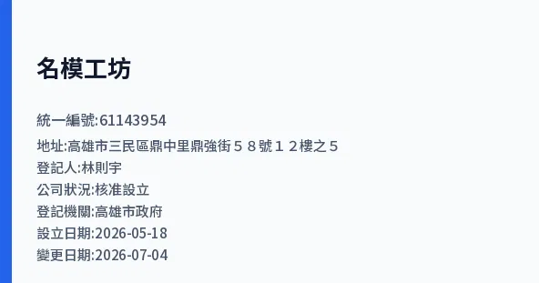 名模工坊的照片-統編 61143954 公司登記資料與營業項目詳細圖表