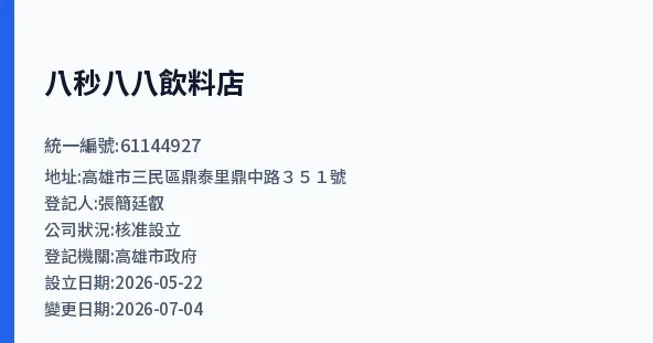 八秒八八飲料店的照片-統編 61144927(高雄市) 公司登記資料與營業項目詳細圖表
