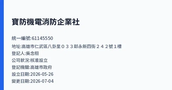 寶防機電消防企業社的照片-統編 61145550(高雄市) 公司登記資料與營業項目詳細圖表