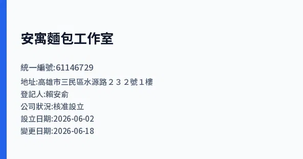 安寓麵包工作室的照片-統編 61146729(高雄市) 公司登記資料與營業項目詳細圖表