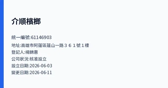介順檳榔的照片-統編 61146903(高雄市) 公司登記資料與營業項目詳細圖表