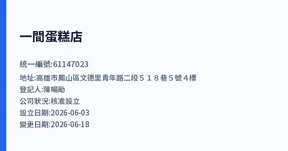 一間蛋糕店的照片-統編 61147023(高雄市) 公司登記資料與營業項目詳細圖表