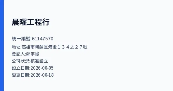 晨曜工程行的照片-統編 61147570(高雄市) 公司登記資料與營業項目詳細圖表