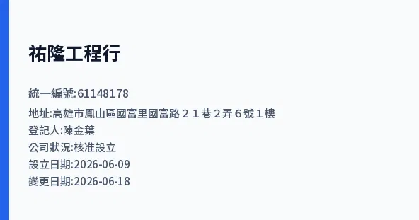 祐隆工程行的照片-統編 61148178(高雄市) 公司登記資料與營業項目詳細圖表