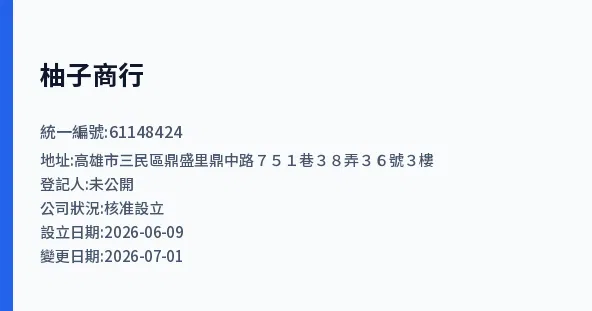 柚子商行的照片-統編 61148424(高雄市) 公司登記資料與營業項目詳細圖表