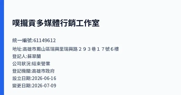 噗攏貢多媒體行銷工作室的照片-統編 61149612(高雄市) 公司登記資料與營業項目詳細圖表