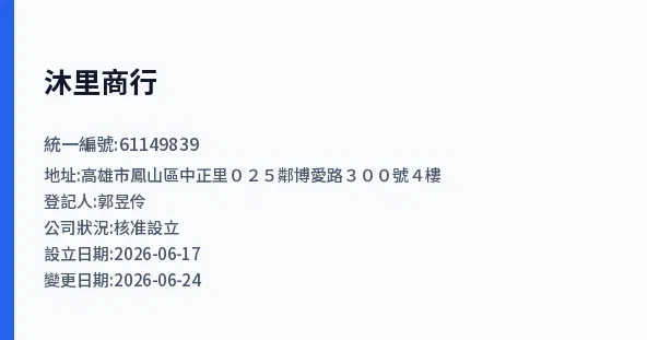沐里商行的照片-統編 61149839(高雄市) 公司登記資料與營業項目詳細圖表