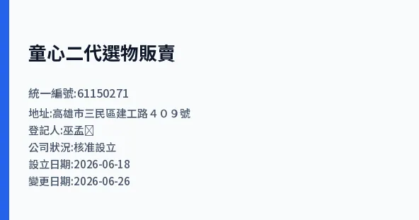 童心二代選物販賣的照片-統編 61150271(高雄市) 公司登記資料與營業項目詳細圖表