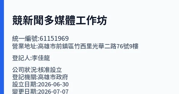 競新聞多媒體工作坊的照片-統編 61151969(高雄市) 公司登記資料與營業項目詳細圖表