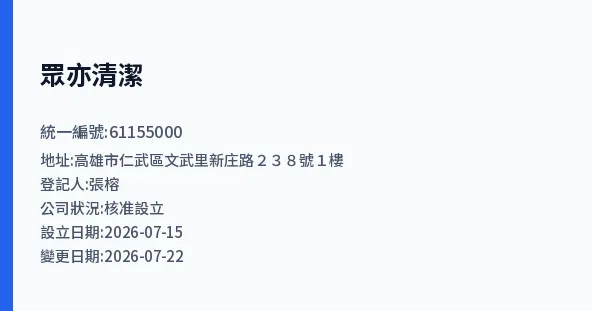 眾亦清潔的照片-統編 61155000(高雄市) 公司登記資料與營業項目詳細圖表