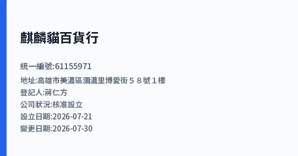 麒麟貓百貨行的照片-統編 61155971(高雄市) 公司登記資料與營業項目詳細圖表