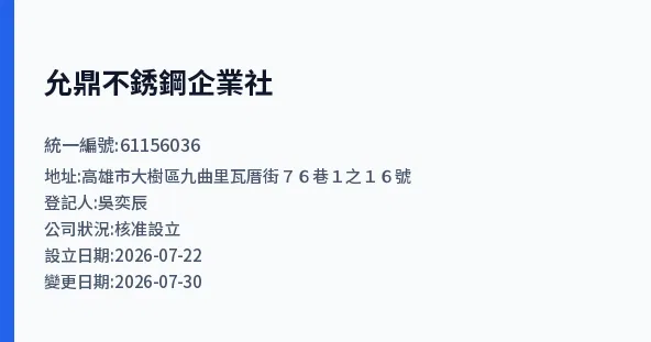 允鼎不銹鋼企業社的照片-統編 61156036(高雄市) 公司登記資料與營業項目詳細圖表