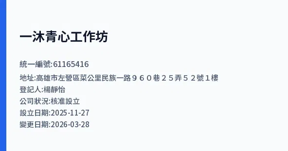 一沐青心工作坊的照片-統編 61165416(高雄市) 公司登記資料與營業項目詳細圖表