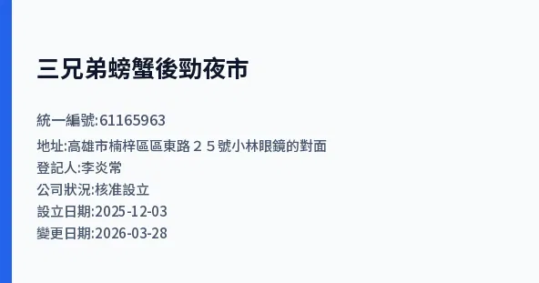 三兄弟螃蟹後勁夜市的照片-統編 61165963(高雄市) 公司登記資料與營業項目詳細圖表