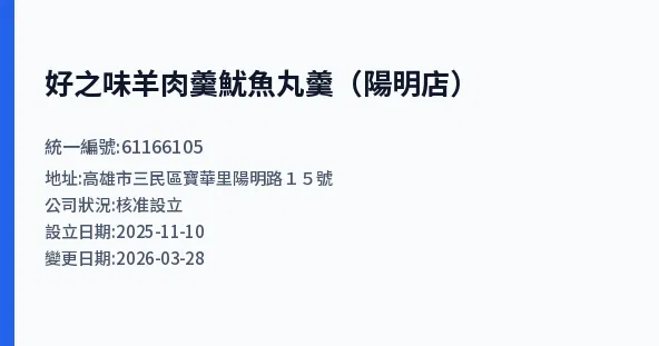 好之味羊肉羹魷魚丸羹(陽明店)的照片-統編 61166105(高雄市) 公司登記資料與營業項目詳細圖表