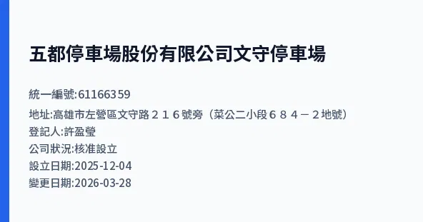 五都停車場股份有限公司文守停車場的照片-統編 61166359(高雄市) 公司登記資料與營業項目詳細圖表
