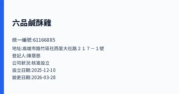 六品鹹酥雞的照片-統編 61166885(高雄市) 公司登記資料與營業項目詳細圖表