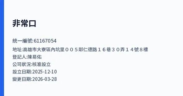 非常口的照片-統編 61167054(高雄市) 公司登記資料與營業項目詳細圖表