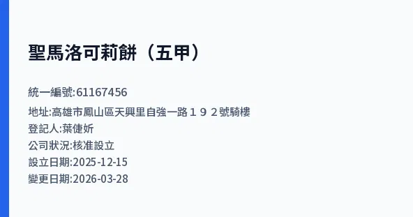 聖馬洛可莉餅(五甲)的照片-統編 61167456(高雄市) 公司登記資料與營業項目詳細圖表