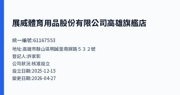 展威體育用品股份有限公司高雄旗艦店的照片-統編 61167553(高雄市) 公司登記資料與營業項目詳細圖表