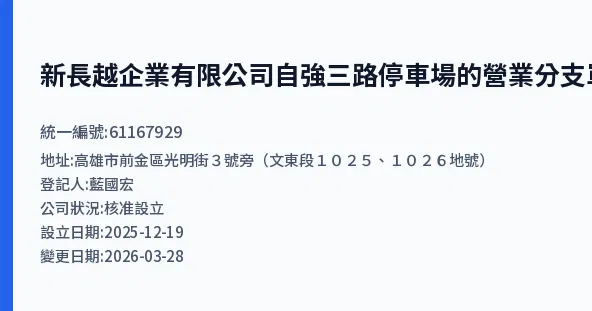 新長越企業有限公司自強三路停車場的營業分支單位的照片-統編 61167929(高雄市) 公司登記資料與營業項目詳細圖表