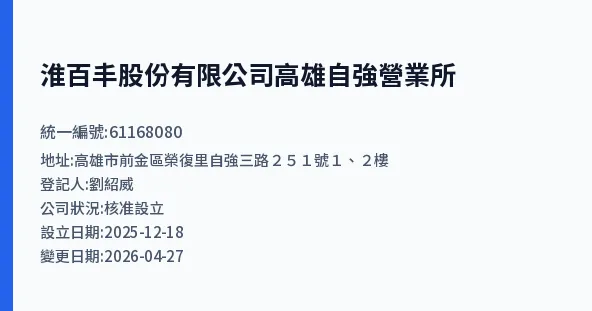 淮百丰股份有限公司高雄自強營業所的照片-統編 61168080(高雄市) 公司登記資料與營業項目詳細圖表