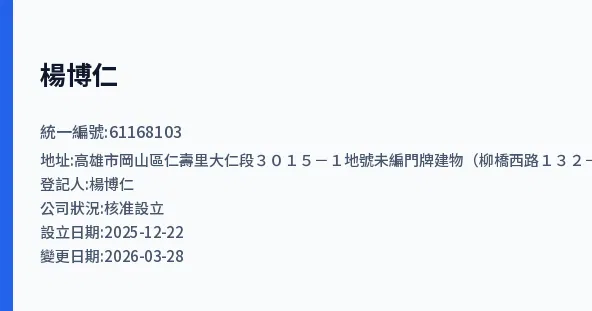 楊博仁的照片-統編 61168103(高雄市) 公司登記資料與營業項目詳細圖表