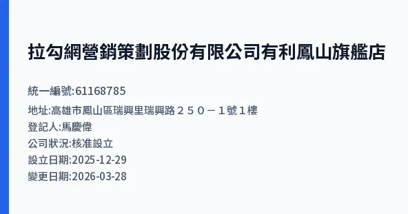 拉勾網營銷策劃股份有限公司有利鳳山旗艦店的照片-統編 61168785(高雄市) 公司登記資料與營業項目詳細圖表