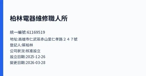 柏林電器維修職人所的照片-統編 61169519(高雄市) 公司登記資料與營業項目詳細圖表