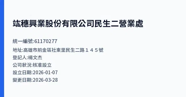 竑穗興業股份有限公司民生二營業處的照片-統編 61170277(高雄市) 公司登記資料與營業項目詳細圖表