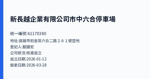 新長越企業有限公司市中六合停車場的照片-統編 61170380(高雄市) 公司登記資料與營業項目詳細圖表
