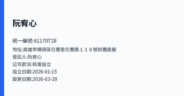 阮宥心的照片-統編 61170728(高雄市) 公司登記資料與營業項目詳細圖表