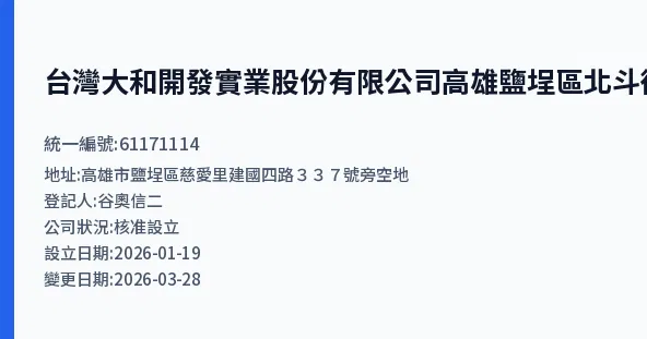 台灣大和開發實業股份有限公司高雄鹽埕區北斗街停車場的照片-統編 61171114(高雄市) 公司登記資料與營業項目詳細圖表
