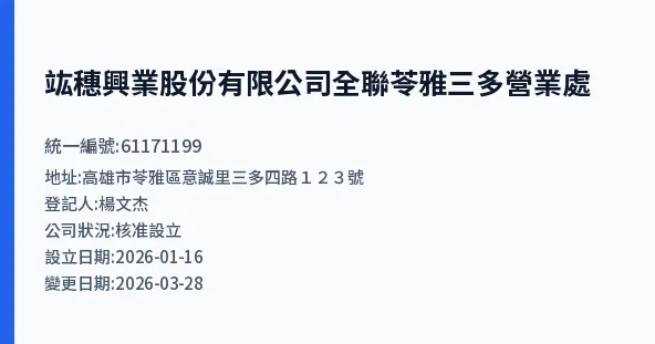 竑穗興業股份有限公司全聯苓雅三多營業處的照片-統編 61171199(高雄市) 公司登記資料與營業項目詳細圖表