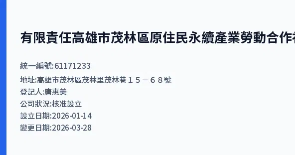 有限責任高雄市茂林區原住民永續產業勞動合作社的照片-統編 61171233(高雄市) 公司登記資料與營業項目詳細圖表