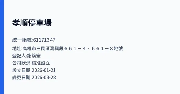 孝順停車場的照片-統編 61171347(高雄市) 公司登記資料與營業項目詳細圖表