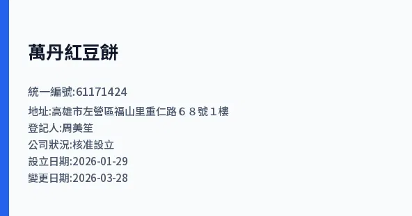 萬丹紅豆餅的照片-統編 61171424(高雄市) 公司登記資料與營業項目詳細圖表