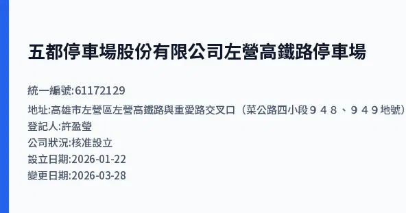 五都停車場股份有限公司左營高鐵路停車場的照片-統編 61172129(高雄市) 公司登記資料與營業項目詳細圖表