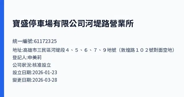 寶盛停車場有限公司河堤路營業所的照片-統編 61172325(高雄市) 公司登記資料與營業項目詳細圖表