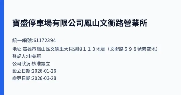 寶盛停車場有限公司鳳山文衡路營業所的照片-統編 61172394(高雄市) 公司登記資料與營業項目詳細圖表