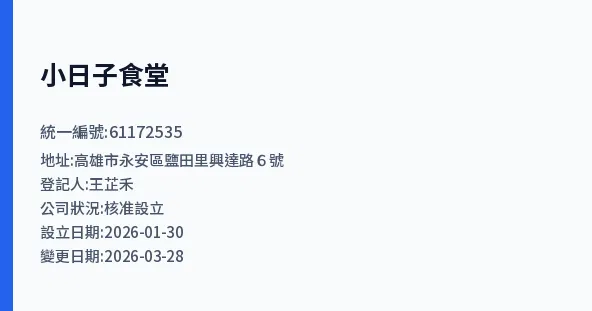 小日子食堂的照片-統編 61172535(高雄市) 公司登記資料與營業項目詳細圖表