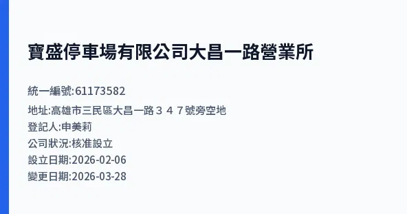 寶盛停車場有限公司大昌一路營業所的照片-統編 61173582(高雄市) 公司登記資料與營業項目詳細圖表