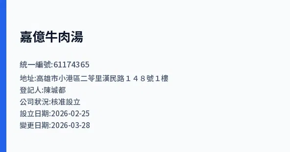 嘉億牛肉湯的照片-統編 61174365(高雄市) 公司登記資料與營業項目詳細圖表