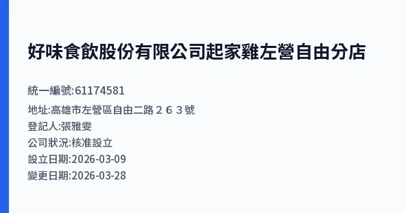 好味食飲股份有限公司起家雞左營自由分店的照片-統編 61174581(高雄市) 公司登記資料與營業項目詳細圖表