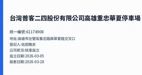 台灣普客二四股份有限公司高雄重忠華夏停車場的照片-統編 61174908(高雄市) 公司登記資料與營業項目詳細圖表