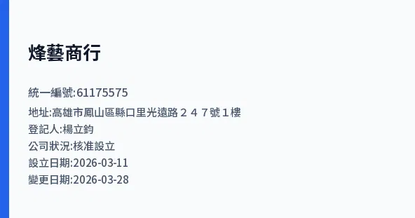 烽藝商行的照片-統編 61175575(高雄市) 公司登記資料與營業項目詳細圖表