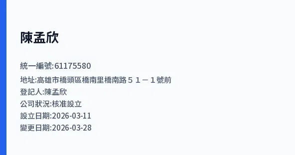 陳孟欣的照片-統編 61175580(高雄市) 公司登記資料與營業項目詳細圖表