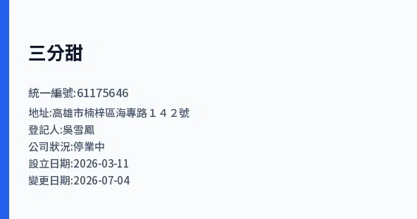 三分甜的照片-統編 61175646(高雄市) 公司登記資料與營業項目詳細圖表