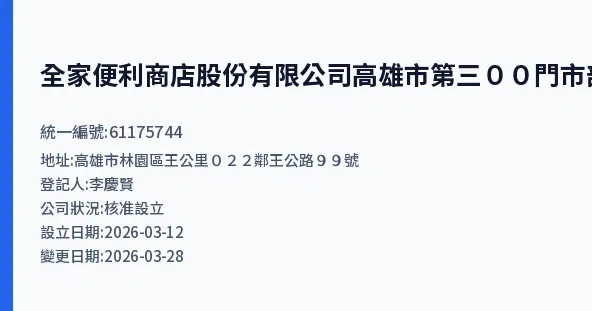 全家便利商店股份有限公司高雄市第三00門市部的照片-統編 61175744(高雄市) 公司登記資料與營業項目詳細圖表